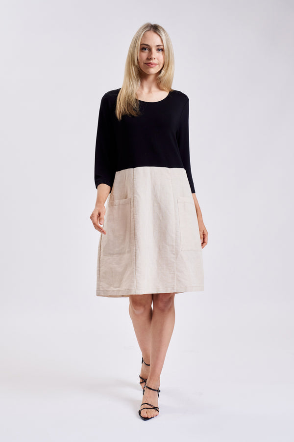 Rift Linen Midi Dress Black/Beige | Feathers