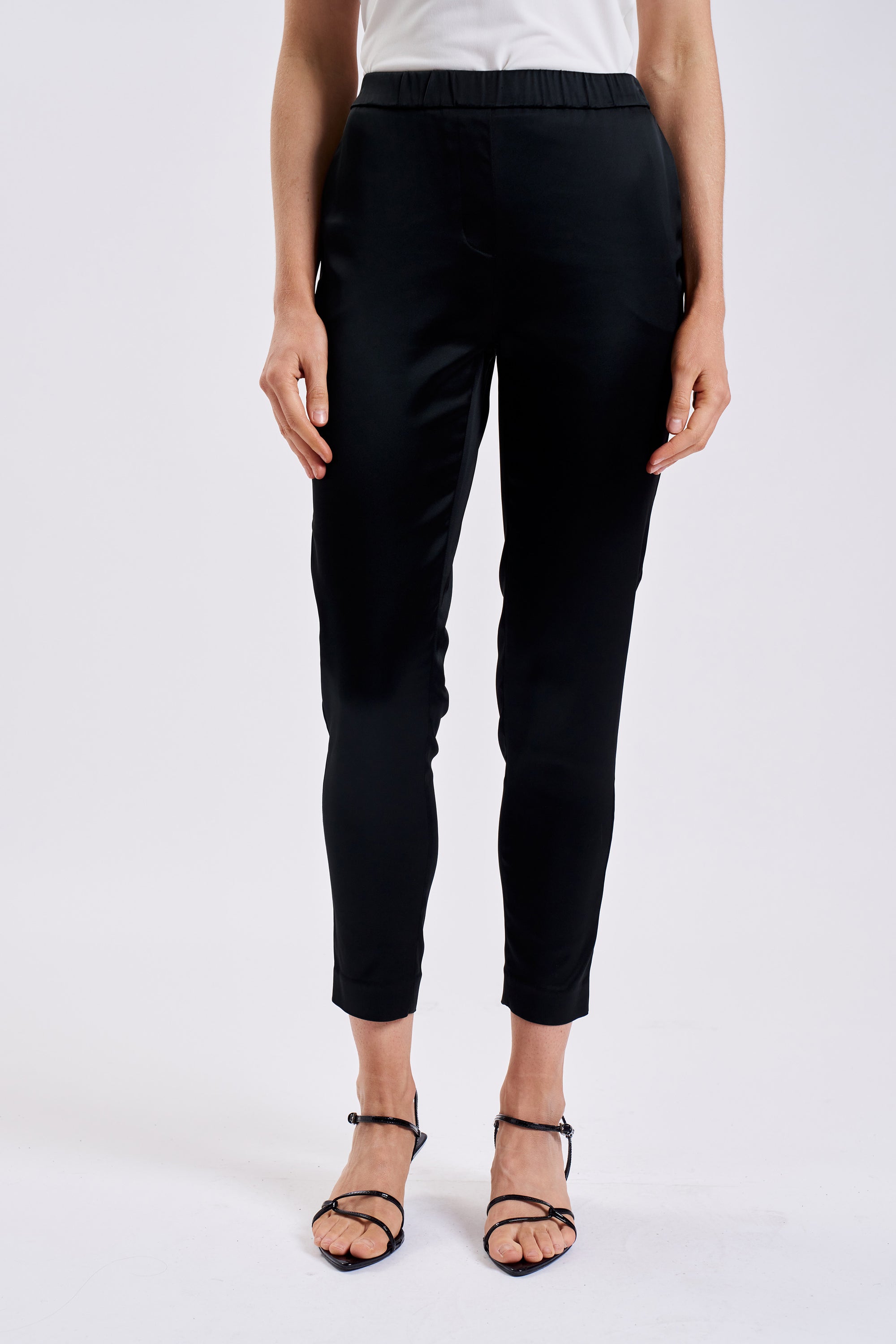Journalist Skinny Leg Pant Black Satin | Feathers