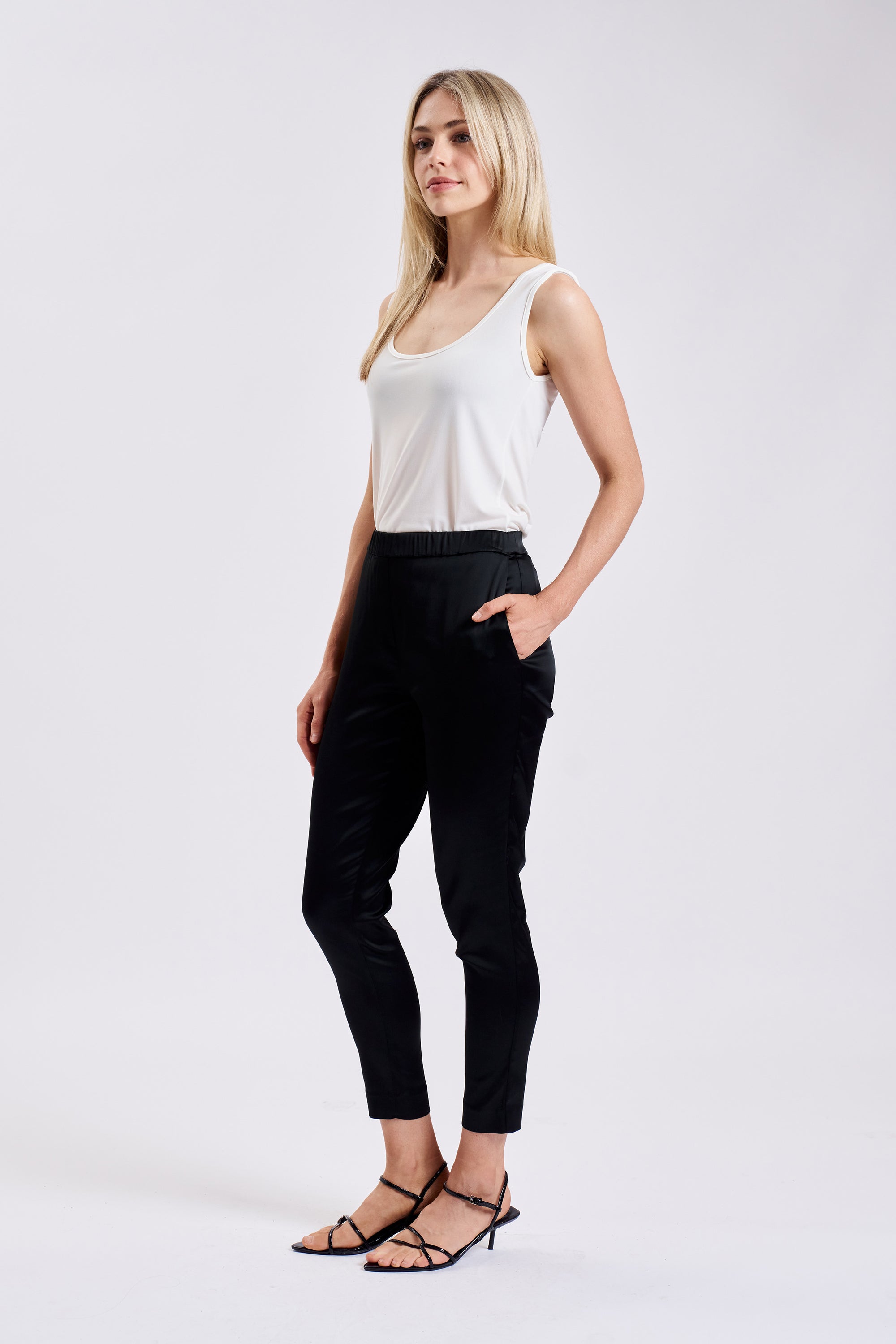 Journalist Skinny Leg Pant Black Satin | Feathers