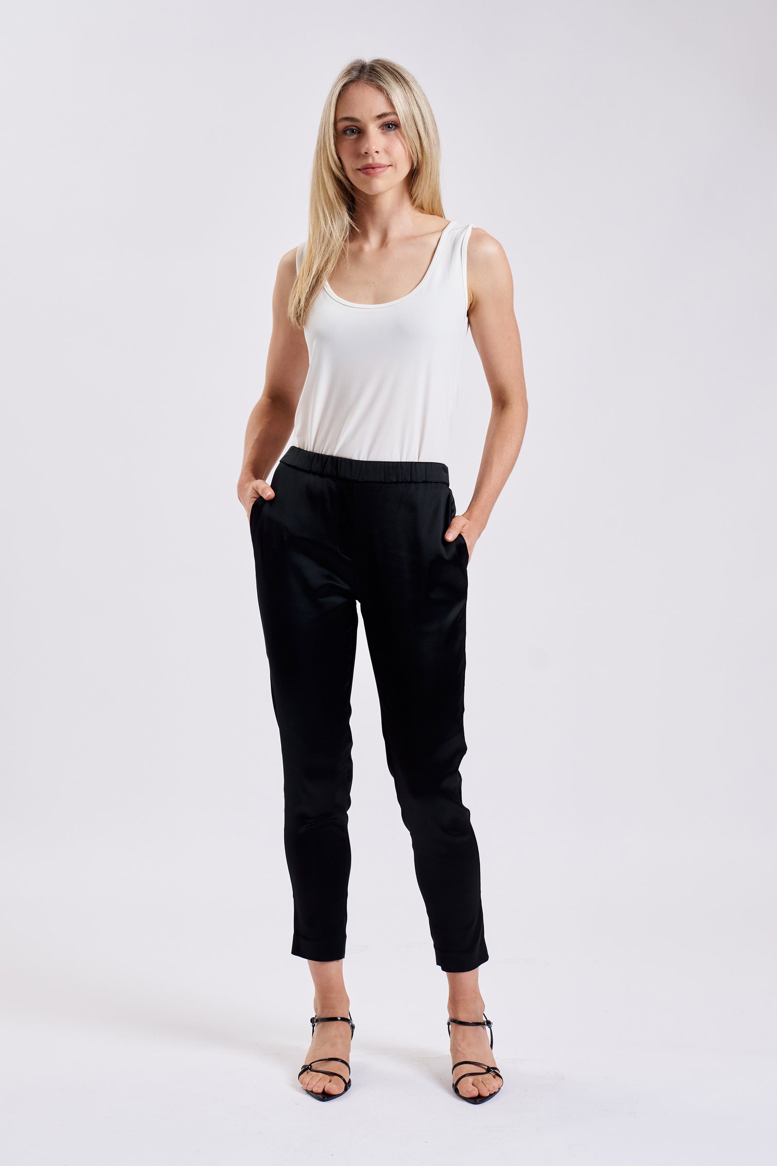 Journalist Skinny Leg Pant Black Satin | Feathers