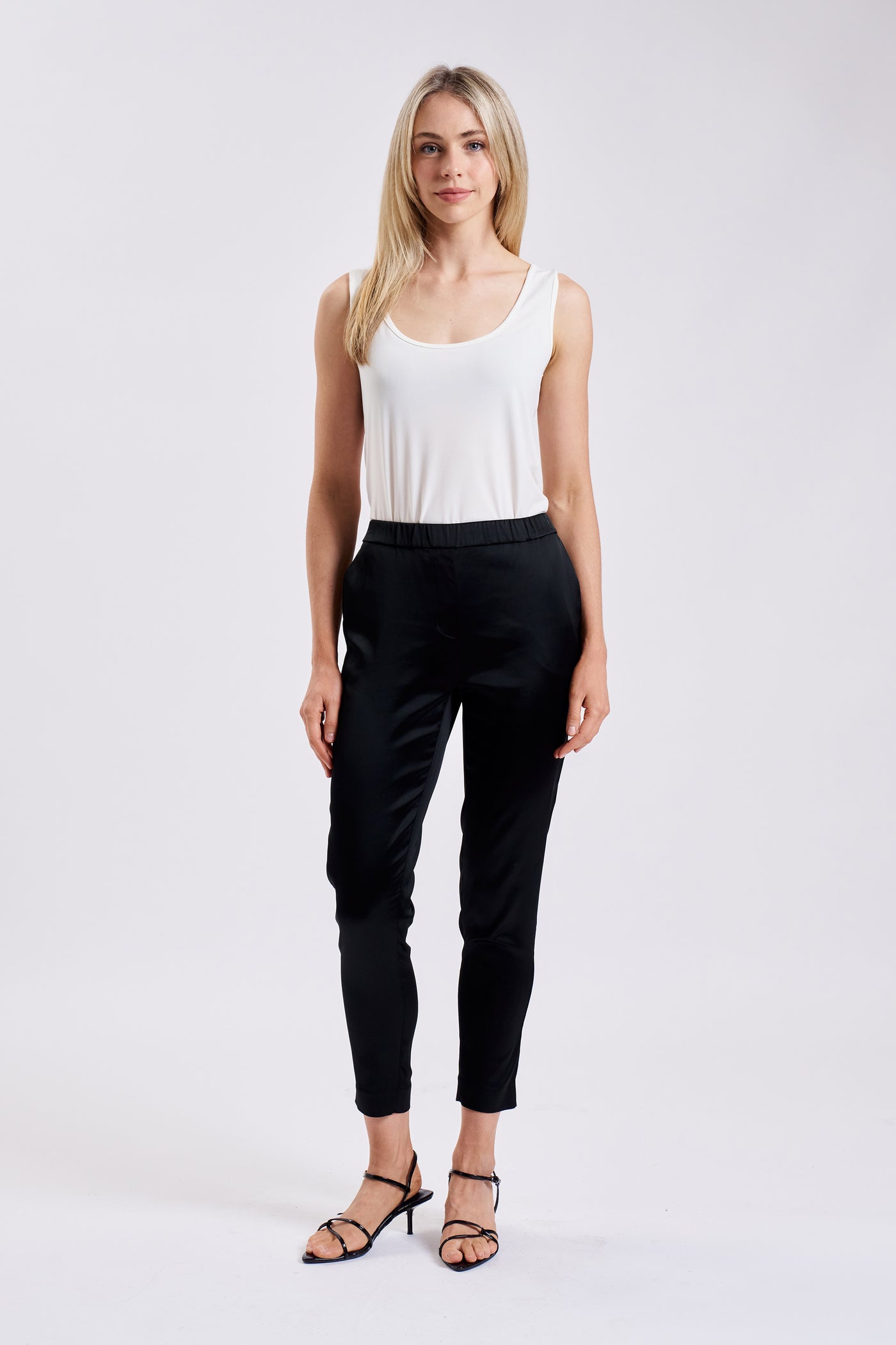 Journalist Skinny Leg Pant Black Satin | Feathers